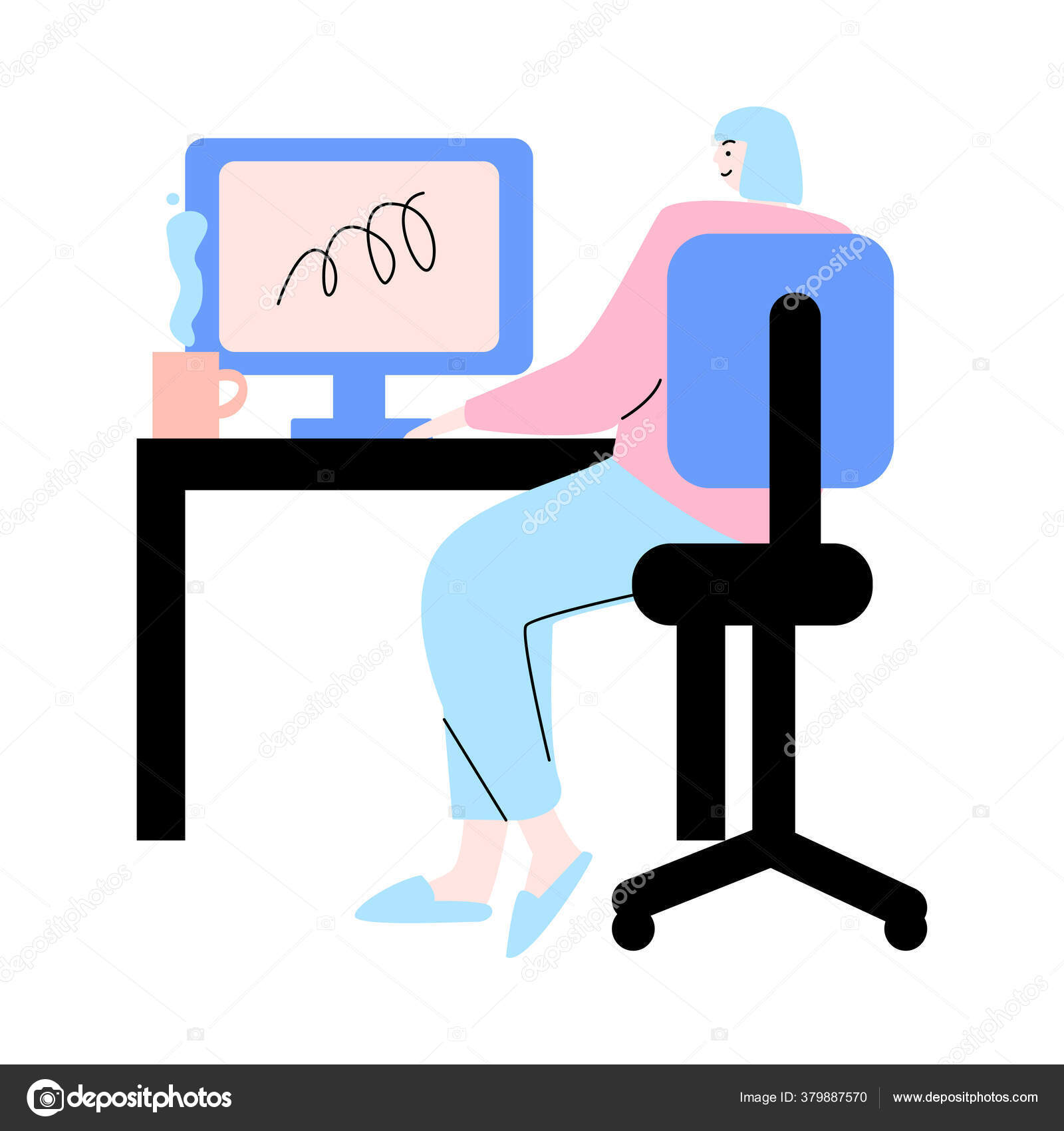 Young woman sitting backwards and working on laptop in office on ...