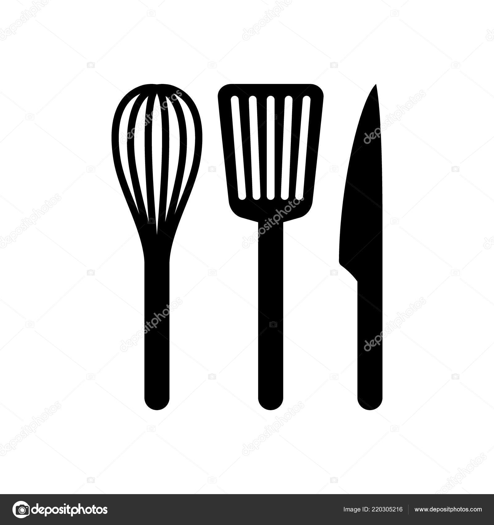 Kitchen Whip Slotted Turner Spatula Knife Icons Black Silhouette Vector