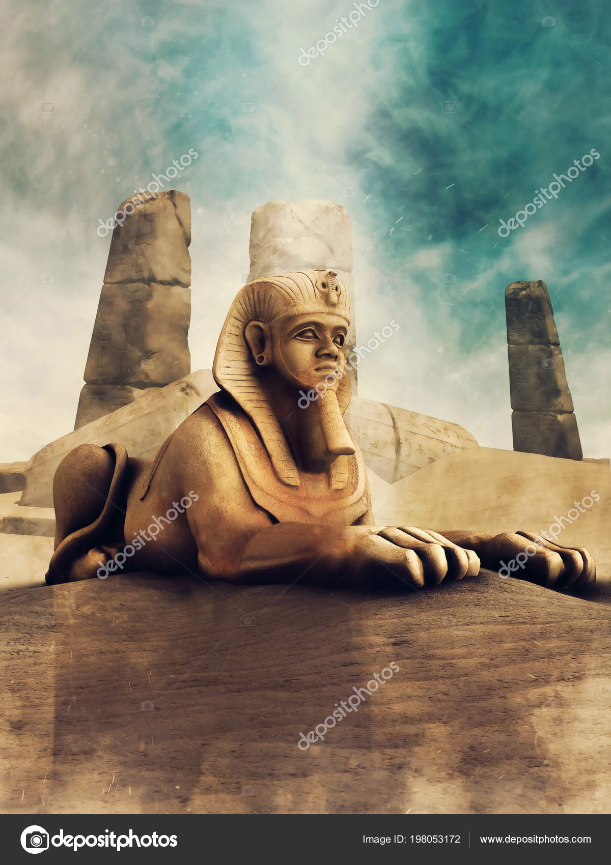 Ancient Egyptian Sphinx Statue Desert Ruins Old Temple Render — Stock ...