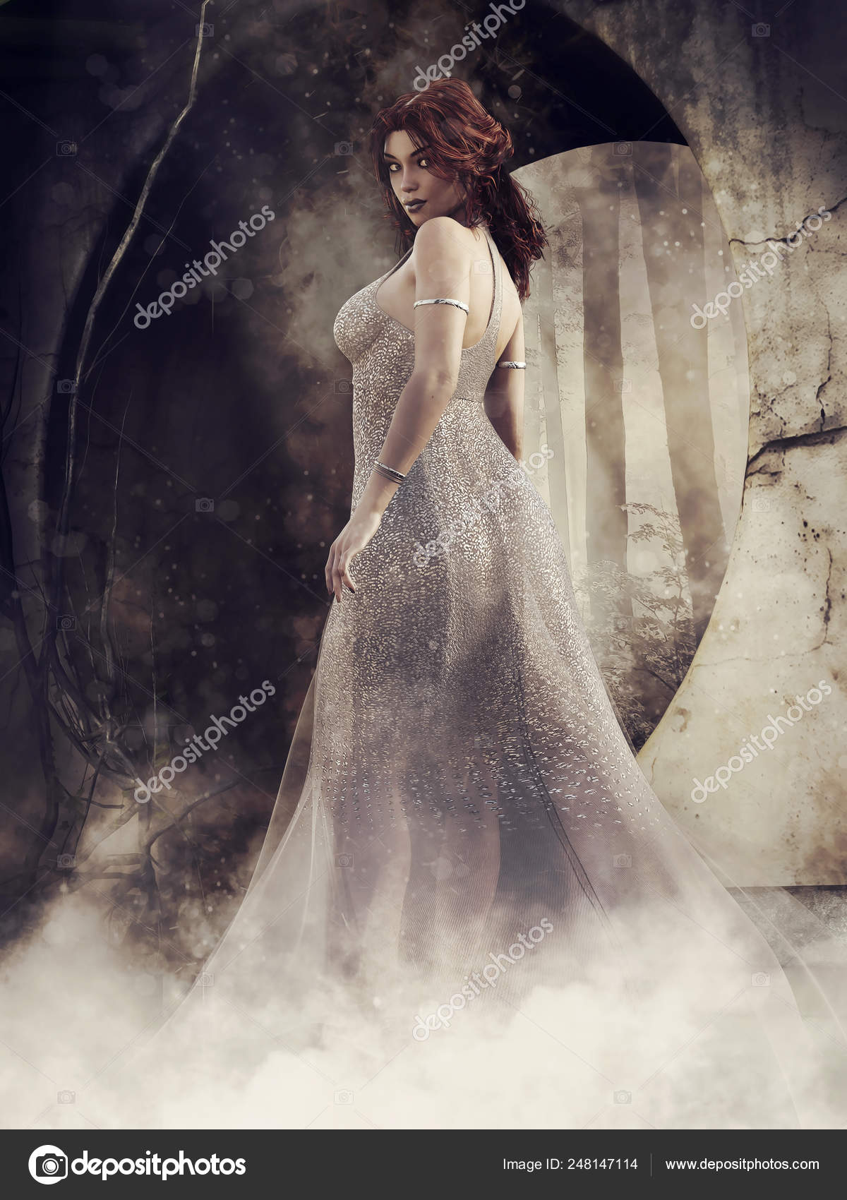 Gotisk Scene Med Ung Kvinde Stående Foran Port Til Mørk — Stockfoto ...