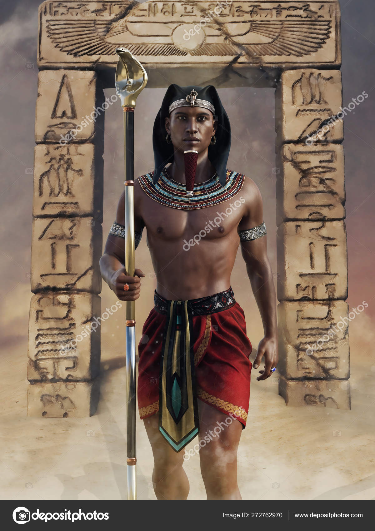 Ancient Egyptian Priest Cobra Staff Standing Front Arch Hieroglyphs ...