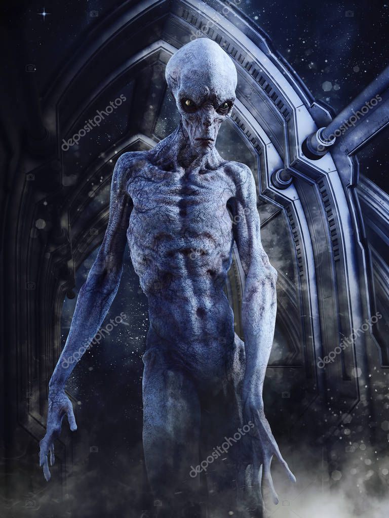 Escena futurista con un alienígena enojado saliendo de una nave ...