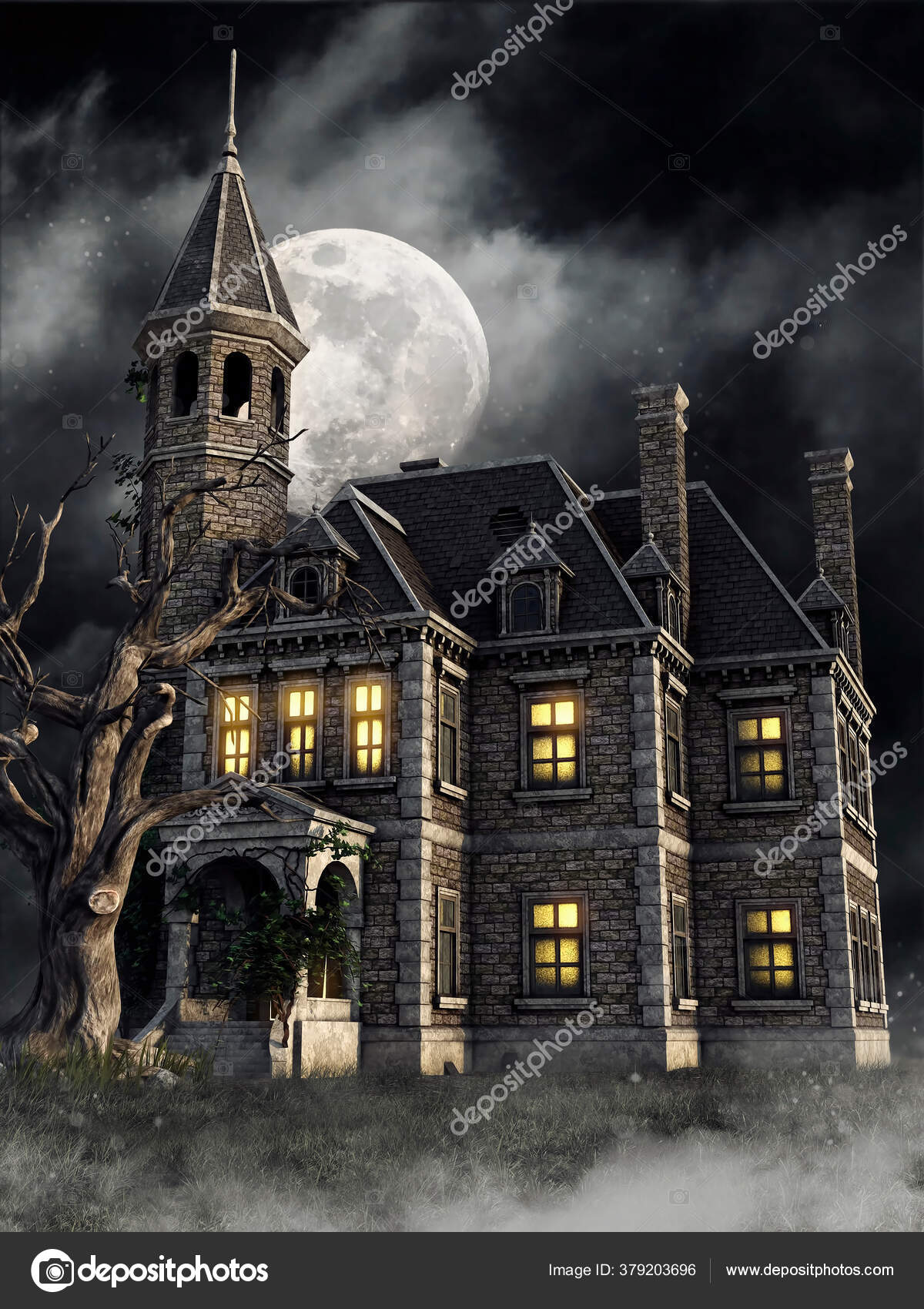 Gothic Mansion Old Tree Ivy Porch Night Full Moon Background Stock ...