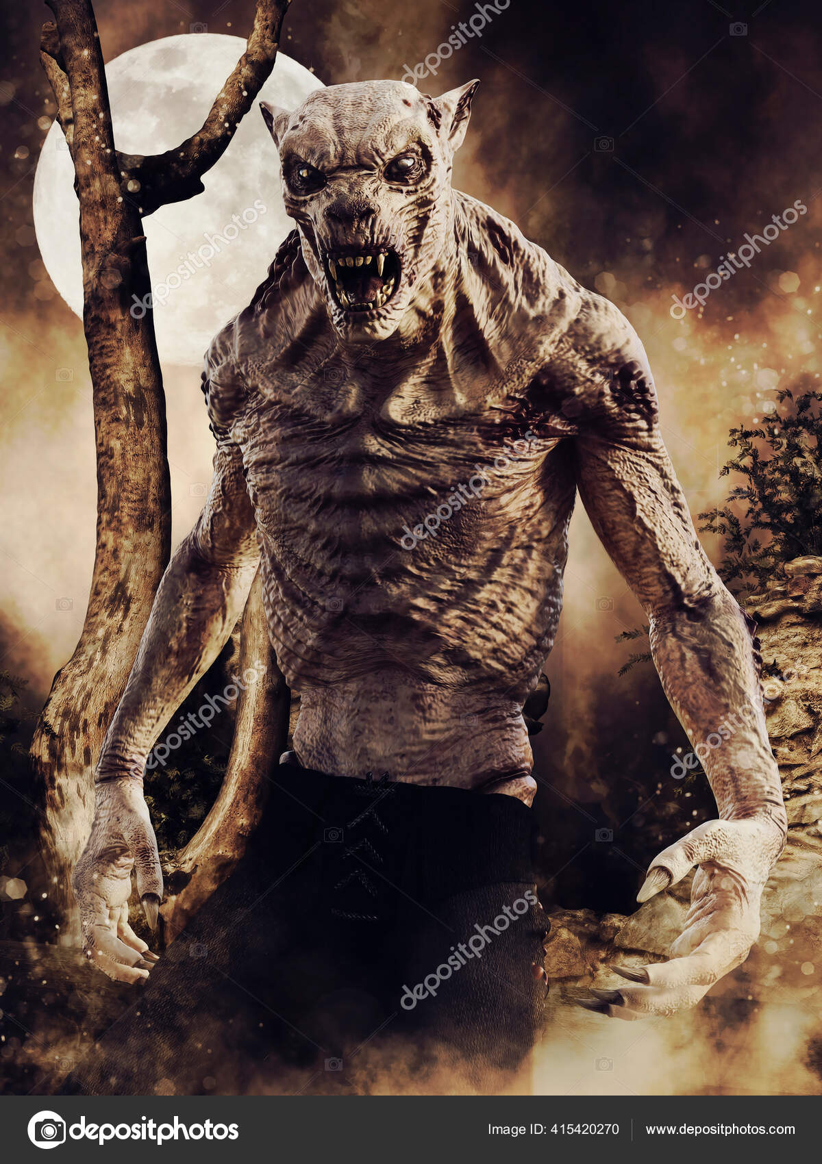 Spooky Werewolf Standing Next Tree Woods Full Moon Night Render Stock ...