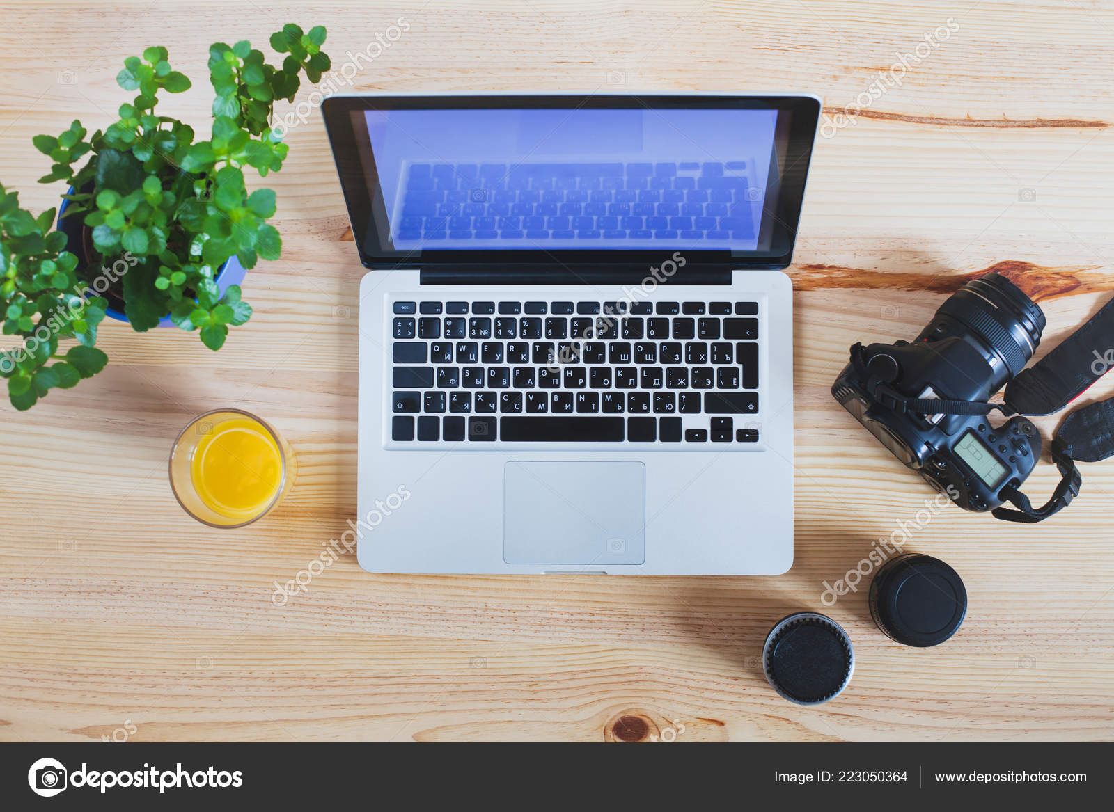 Workplace Photographer Top View Gear Camera Lenses Laptop Computer ...