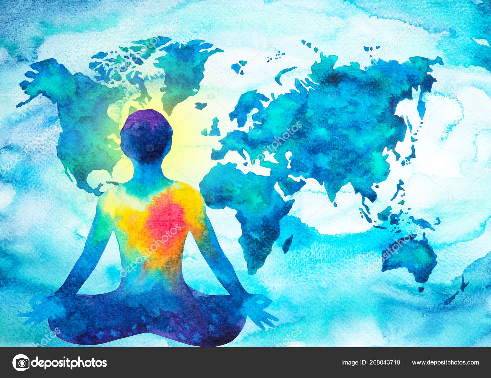 Abstract human meditator chakra universe power world map background ...