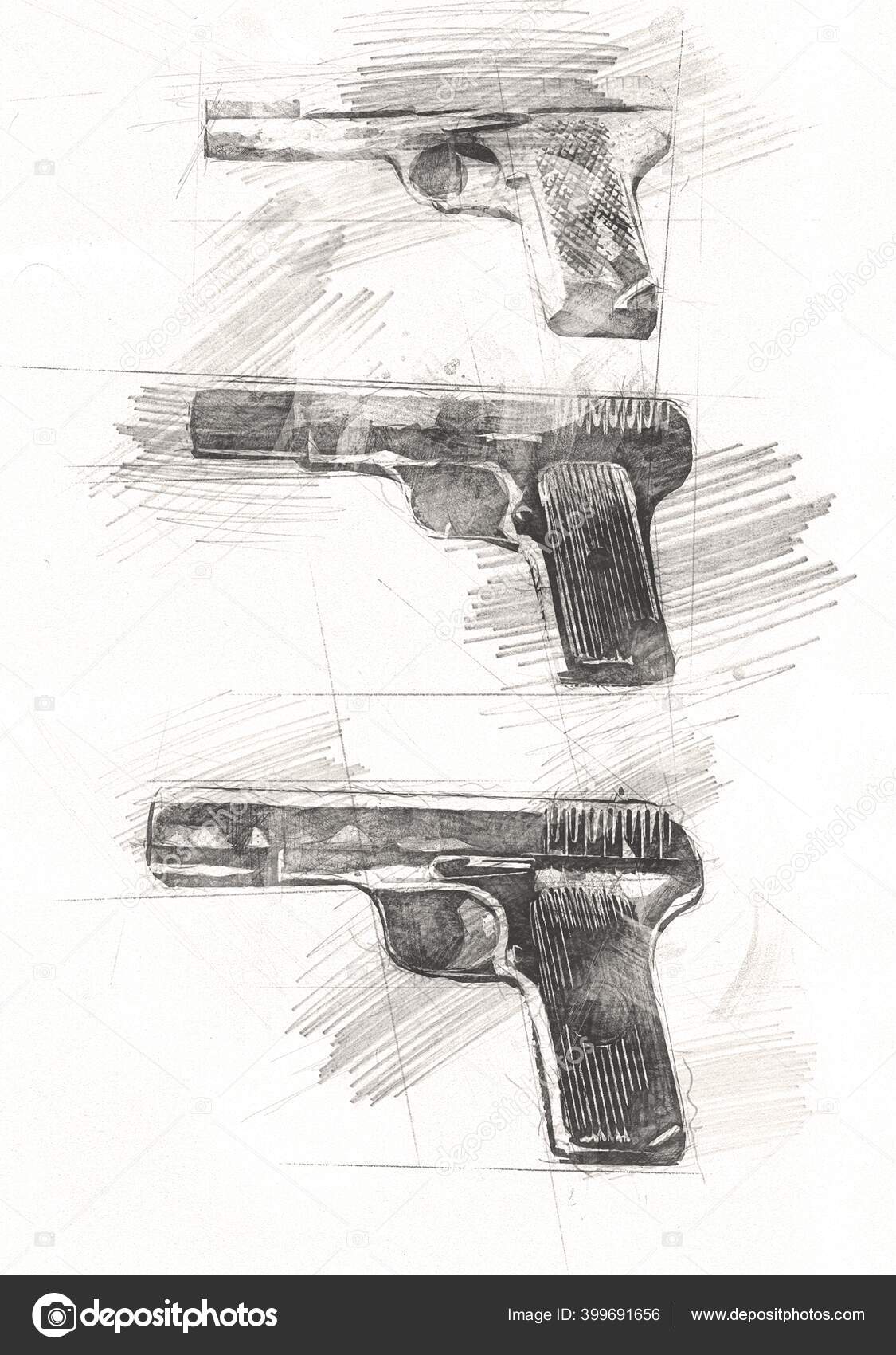 Revolver Hand Drawn Vintage Gun Illustration Engraving Style Old ...