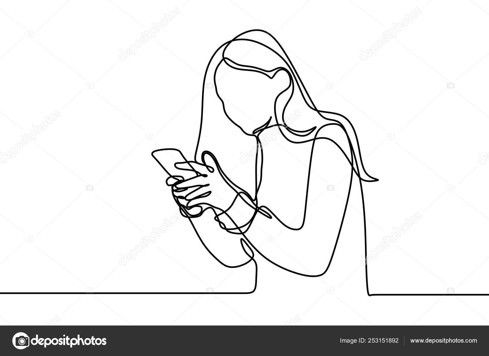 Continuous one line drawing of girl playing and using mobile phone or ...