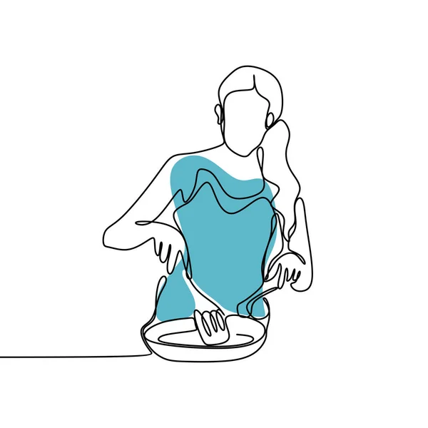 Continuous one line drawing of chef cooking vector illustration. Making ...