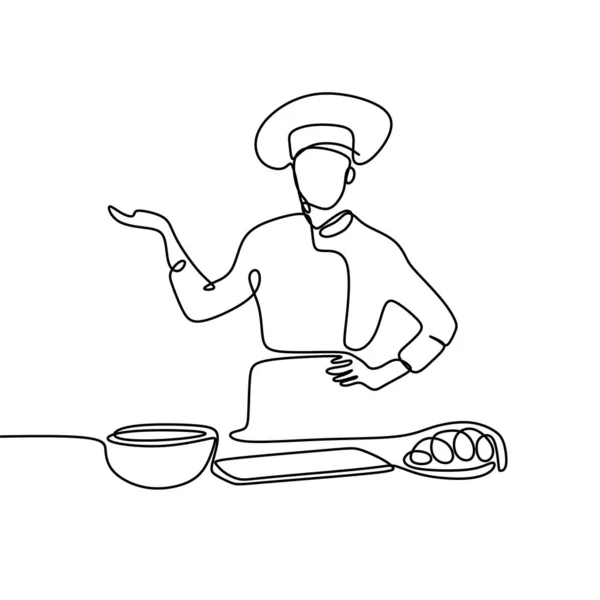 Continuous one line drawing of chef cooking vector illustration. Making ...
