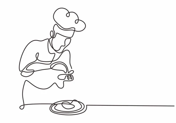 Continuous one line drawing of chef cooking vector illustration. Making ...