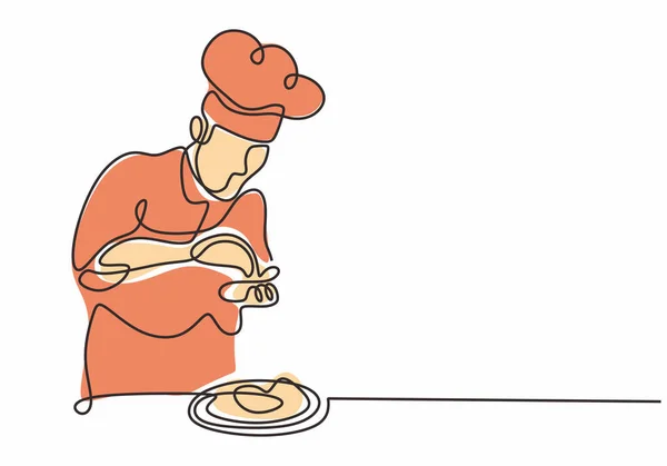 Continuous one line drawing of chef cooking vector illustration. Making ...