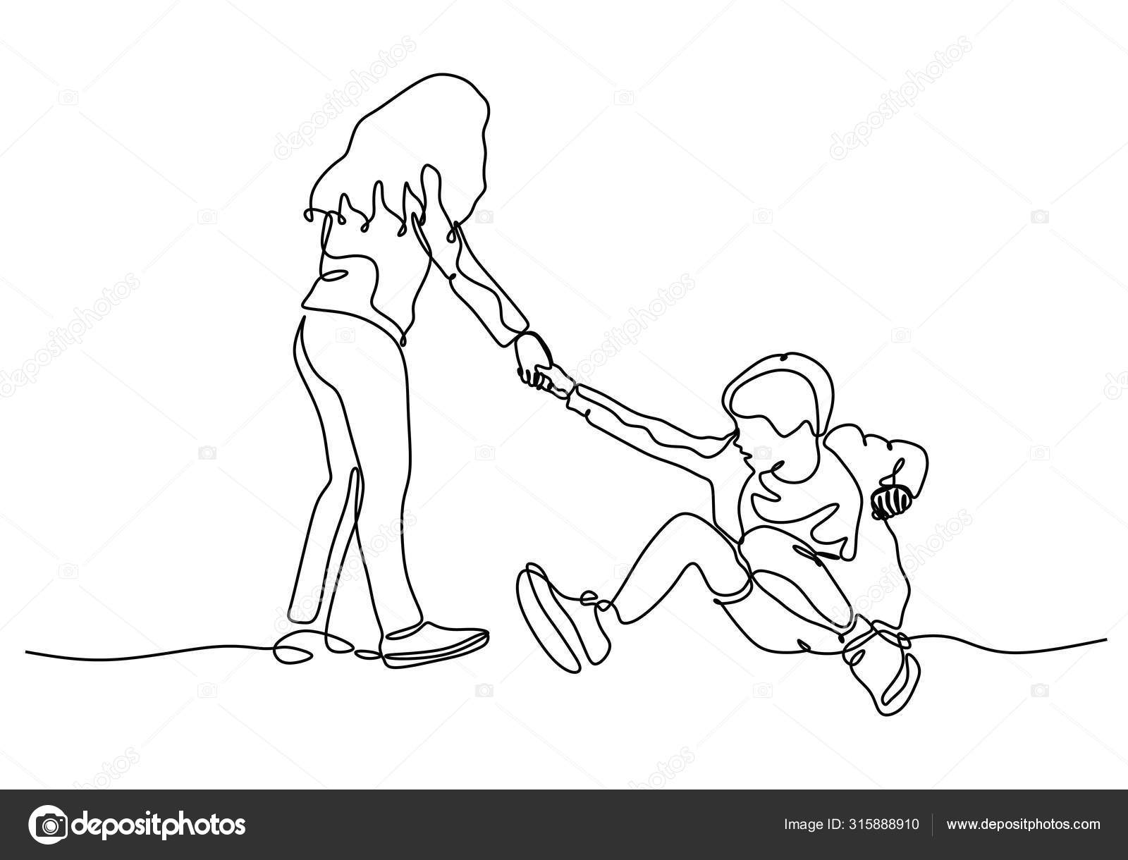 Continuous one line drawing of Sister help her little brother. Act of ...
