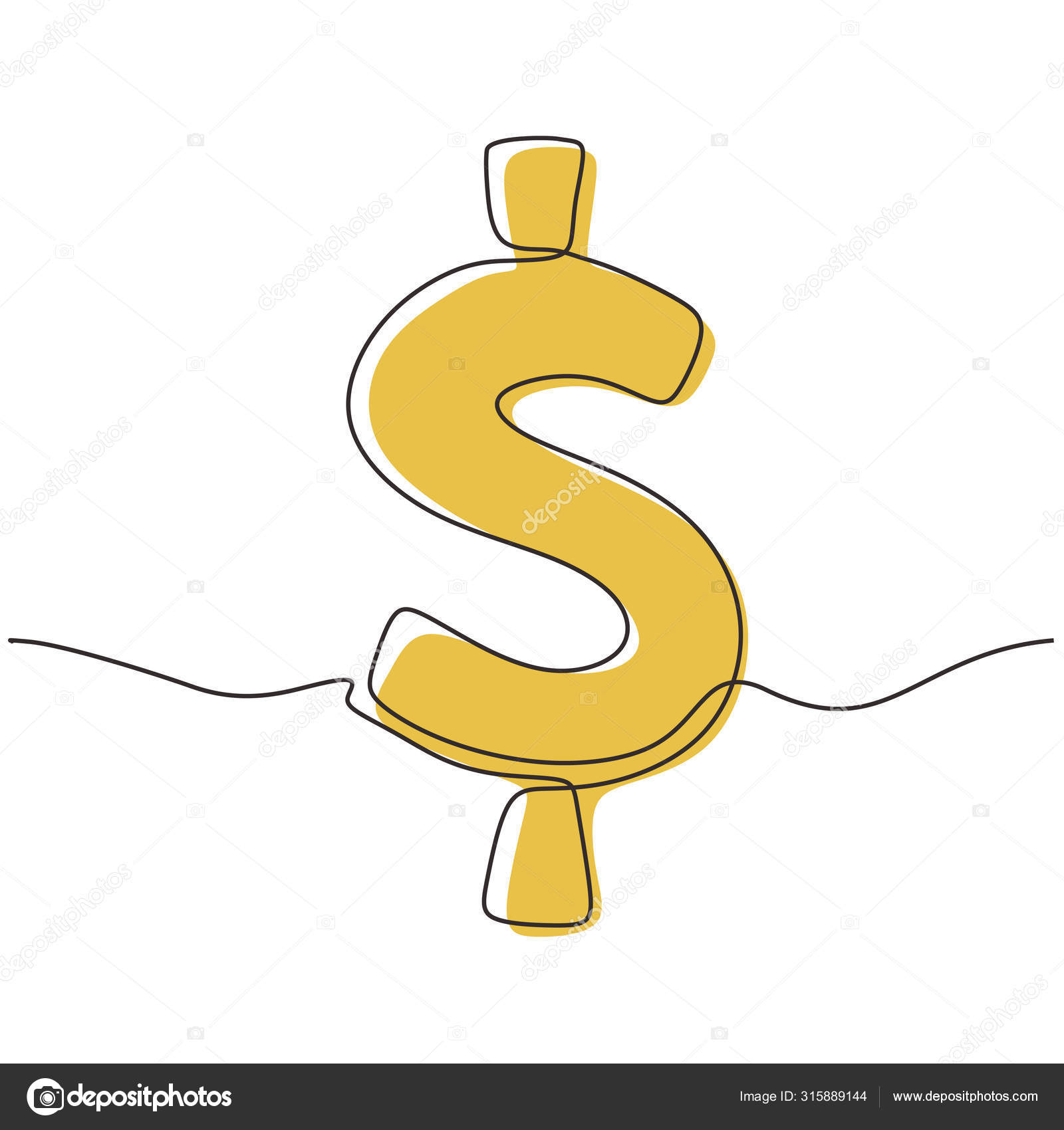 Terus menerus satu garis menggambar dolar dengan warna kuning. Gaya ...