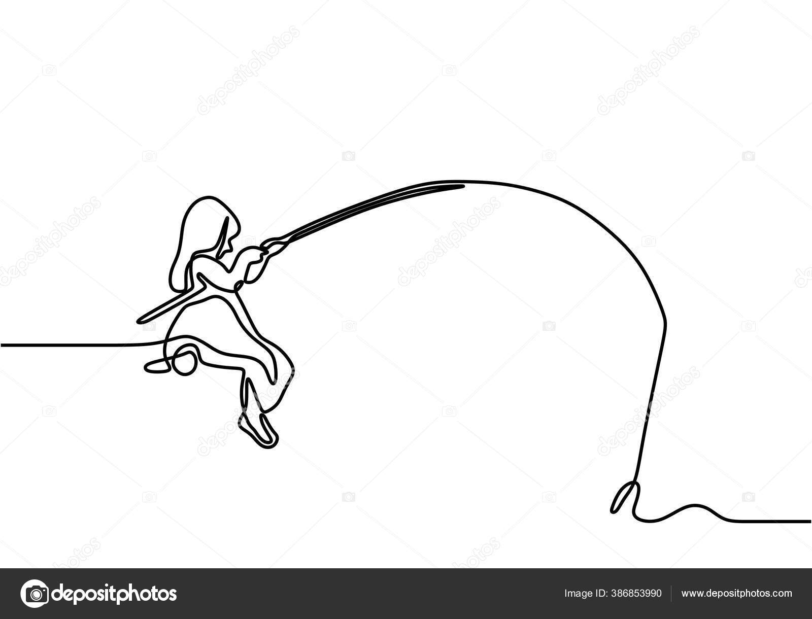 Una Línea Continua Dibujo Niña Sentada Embarcadero Madera Con Caña ...