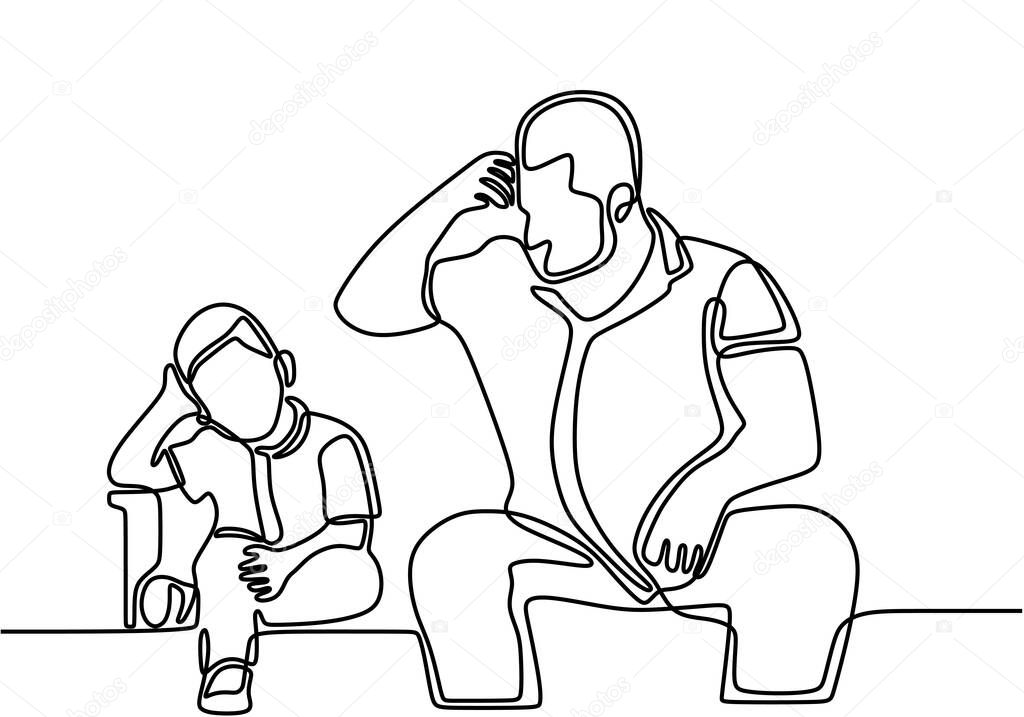 Dibujo continuo de línea de padre e hijo sentarse y hablar. Papá y su ...