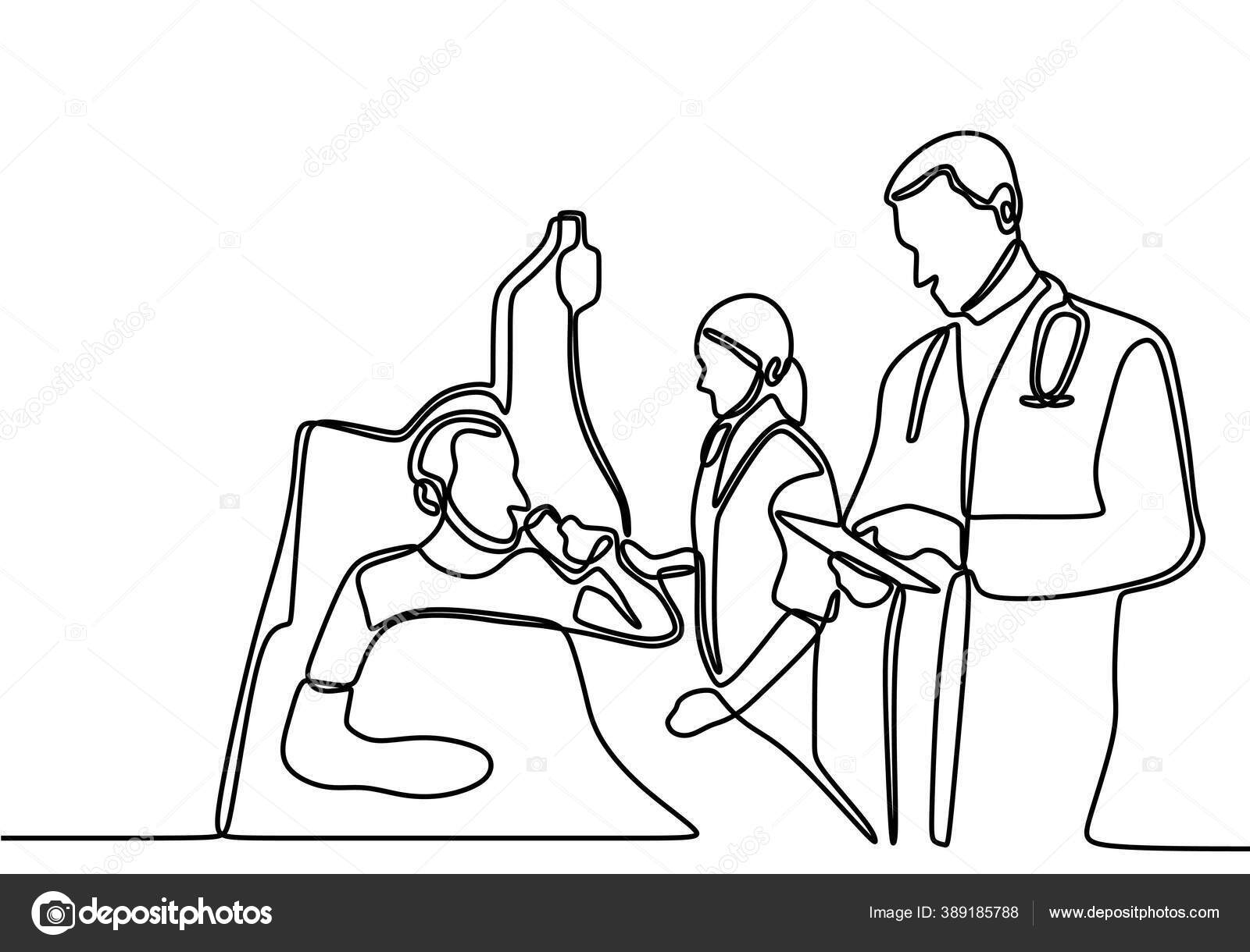 Continuous Line Drawing Doctor Check Patient Lying Bed Specialist ...