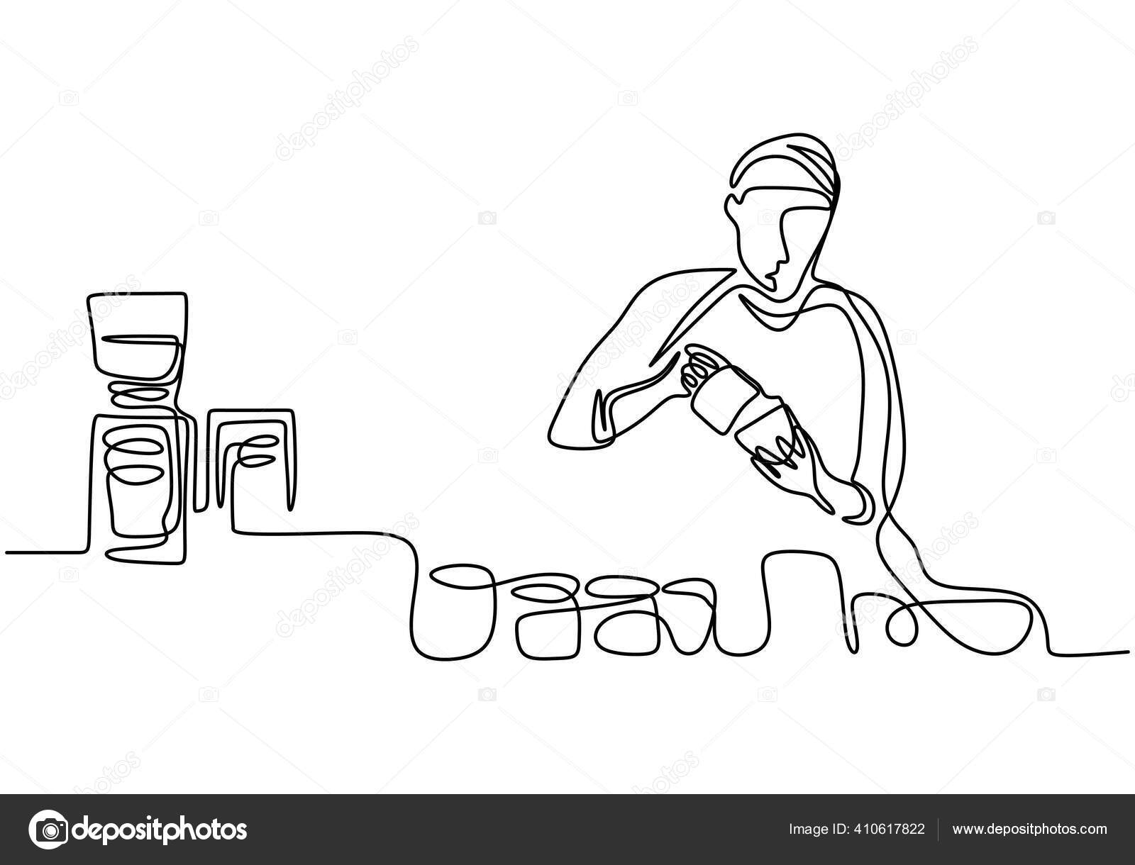 Continuous One Single Line Drawing Barista Young Handsome Man Owner ...