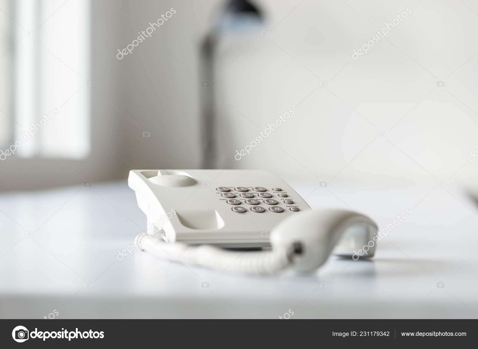 White Landline Telephone Handset Line White Office Desk Stock Photo by ...