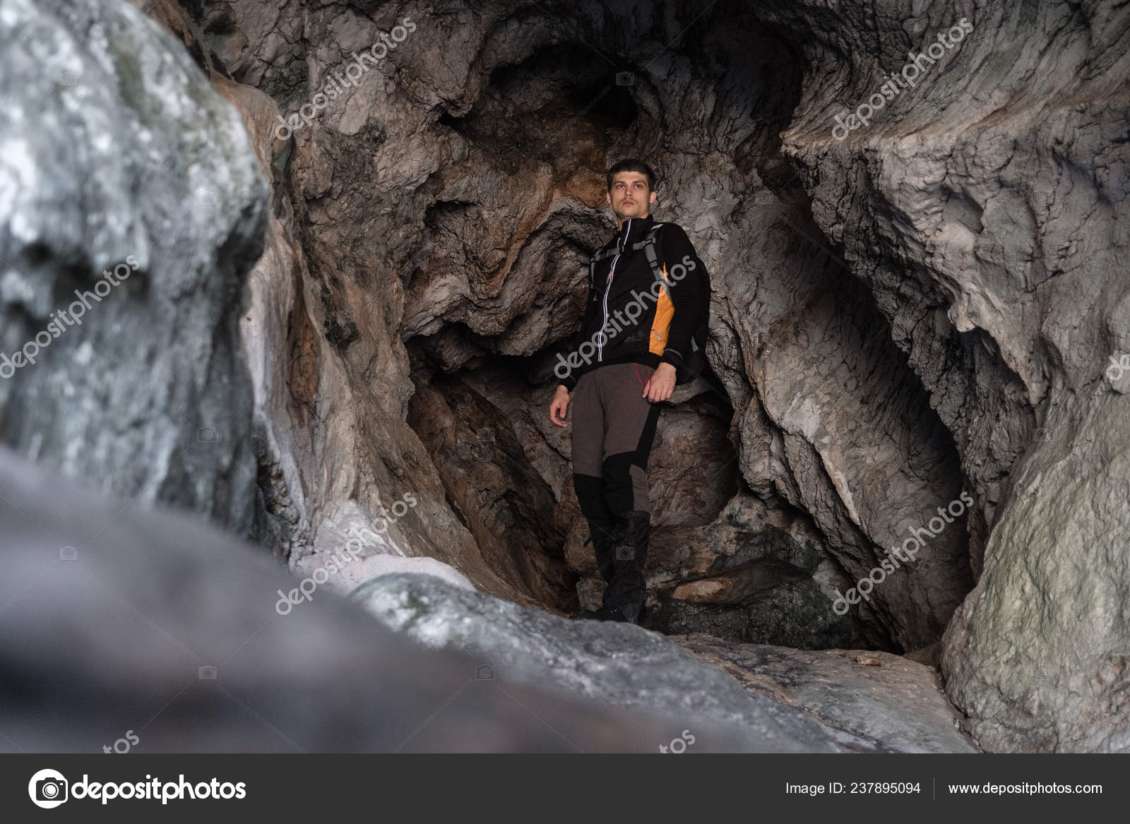 Young Explorer Black Sportswear Cave Climbing Equipment Ready Action ...