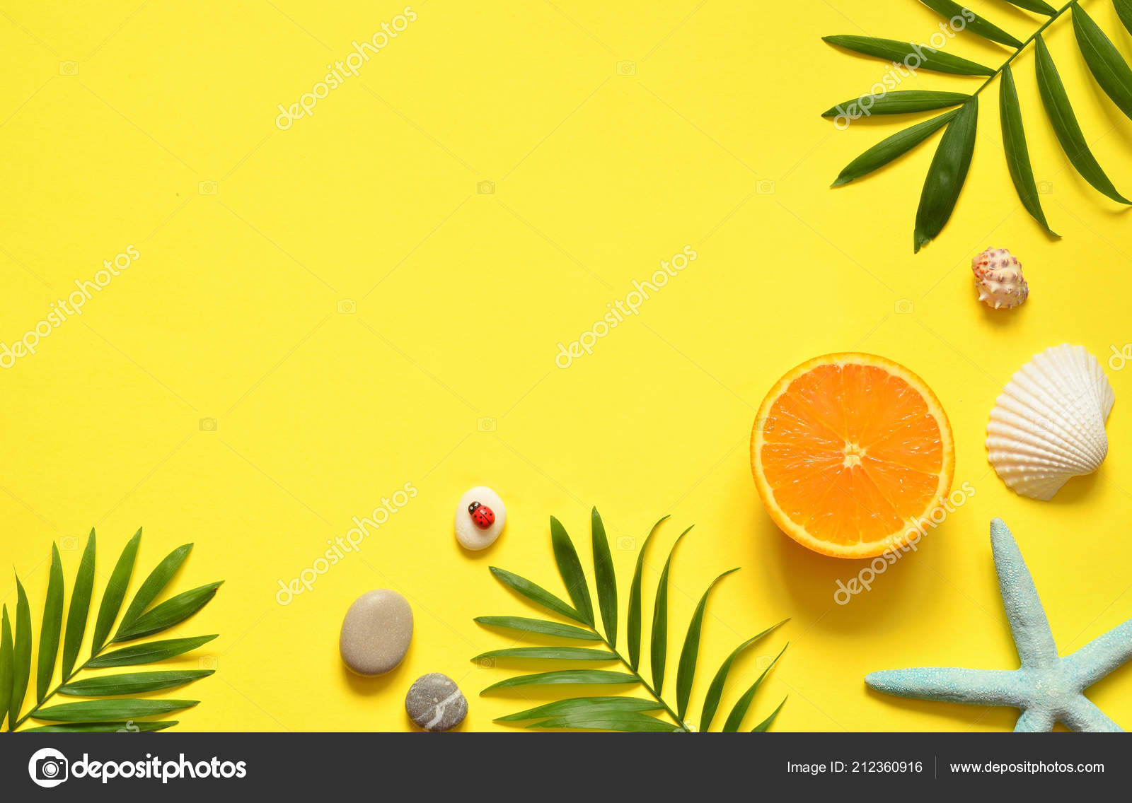 Tropical background. Palm trees branches with starfish and seashell on ...