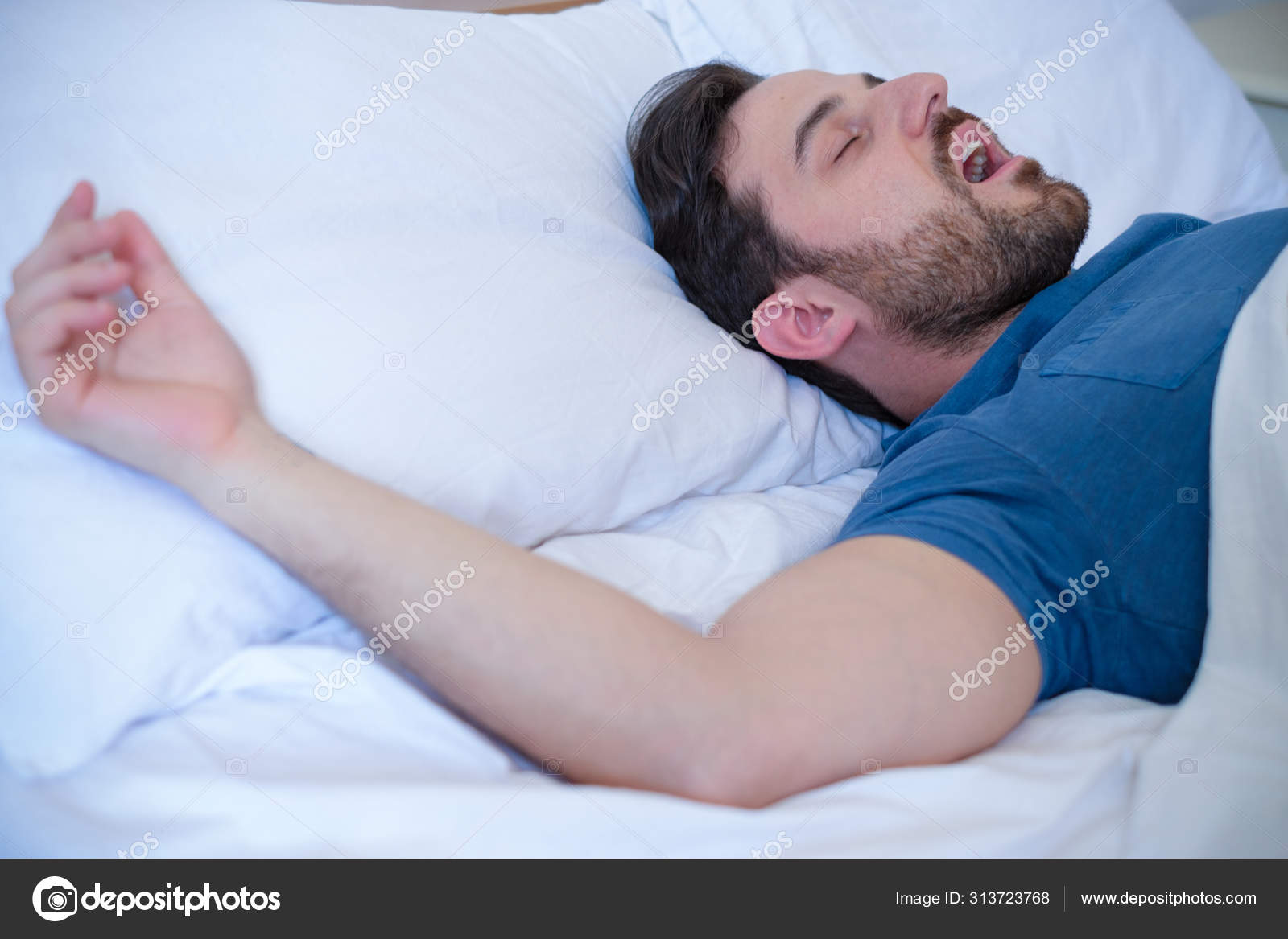 Snore problem concept.Man in bed snoring and sleeping Stock Photo by ...
