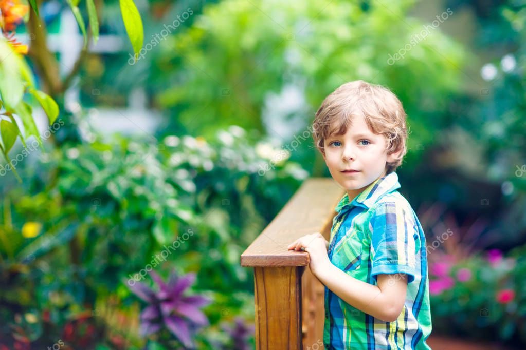 Niño rubio preescolar descubriendo flores, plantas y mariposas en el ...