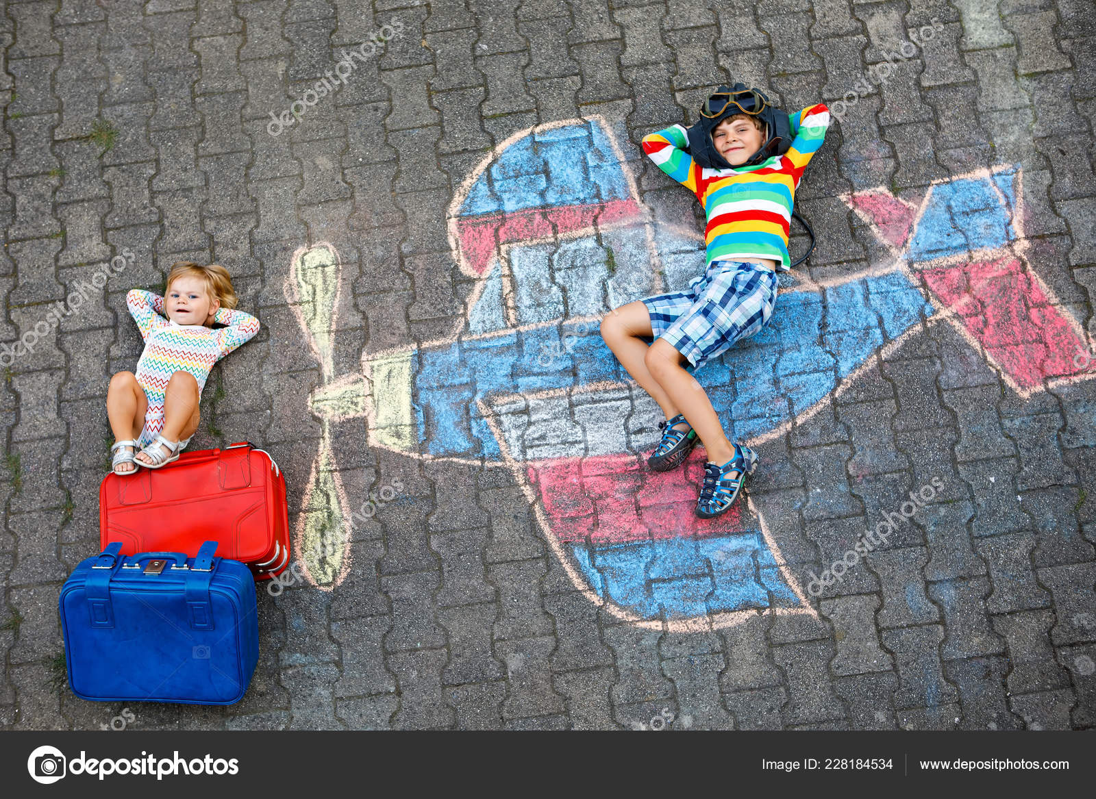 Two little children, kid boy and toddler girl having fun with with ...