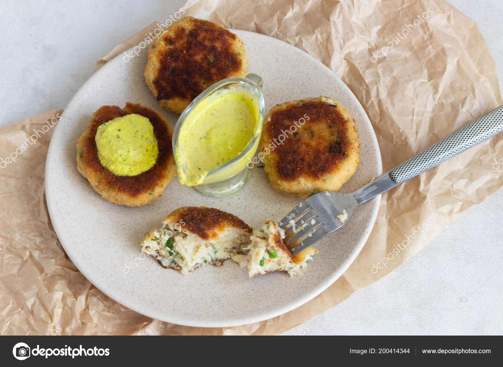 Healthy Fish Cod Cutlets Patties Cakes Sour Cream Dip Light Stock Photo ...