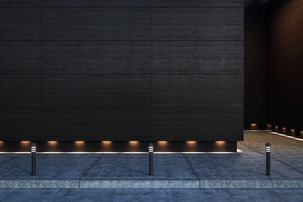 Large blank dark modern street concrete wall with lights on sidewalk at ...