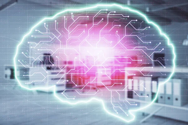 Human brain drawing with office interior on background. Double exposure ...