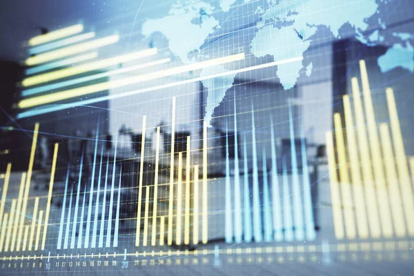 Stock and bond market graph and world map with trading desk bank office ...
