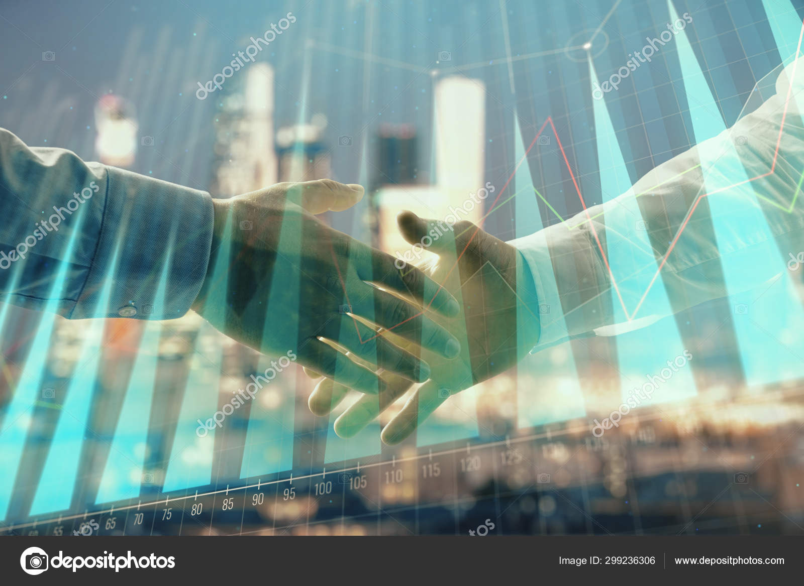 Double exposure of financial chart on cityscape background with two ...