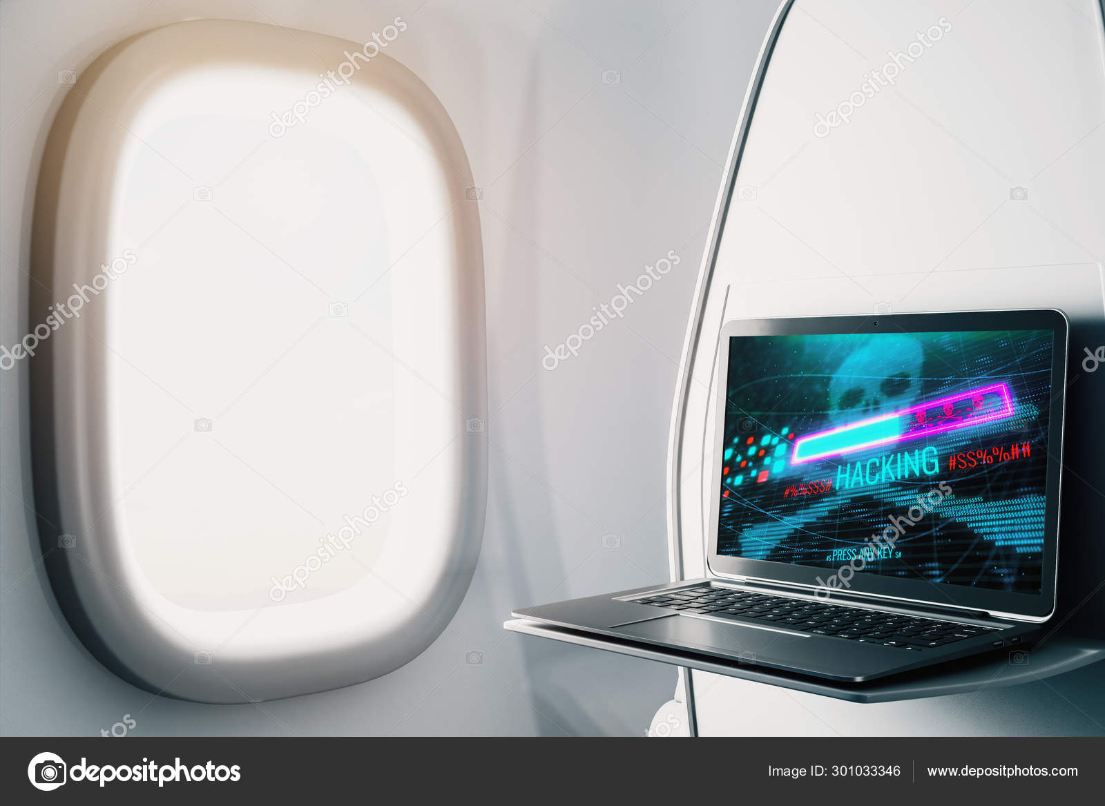 Laptop closeup inside airplane with hacking theme pic on screen. Data ...
