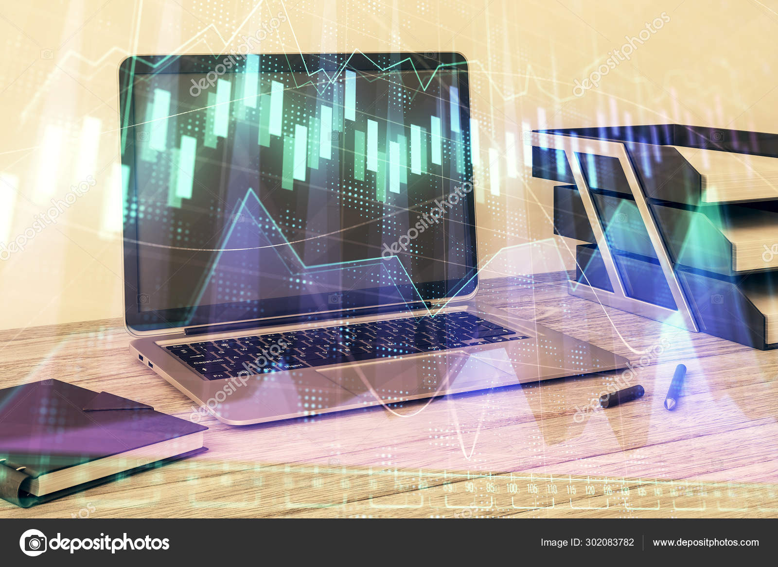Stock market chart and desktop office computer background. Multi ...