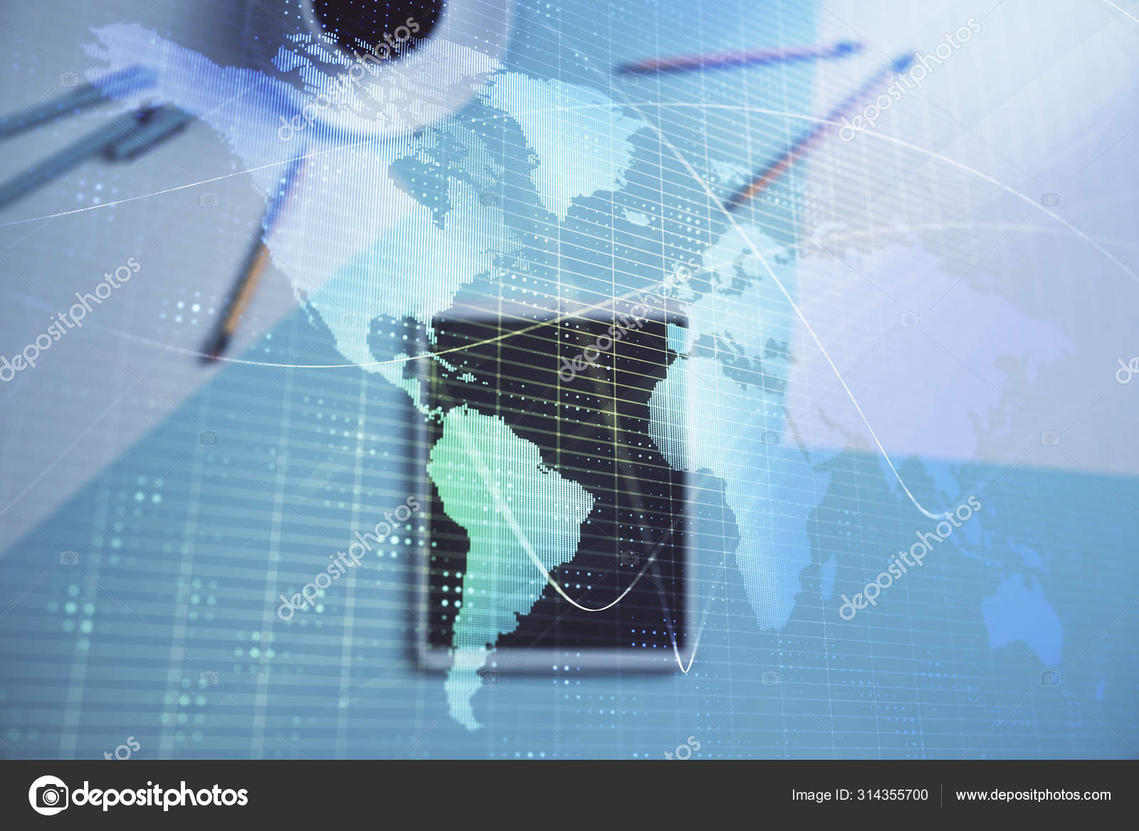 Double exposure of world map drawing on digital tablet laying on table ...