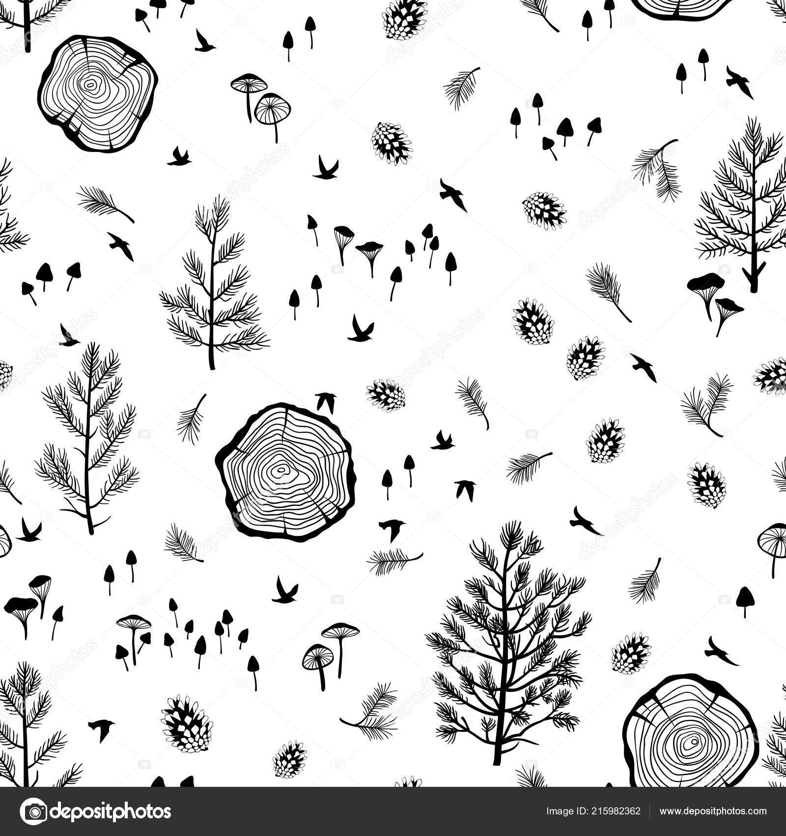 Black White Seamless Forest Pattern Pines Pine Cones Mushrooms Tree ...