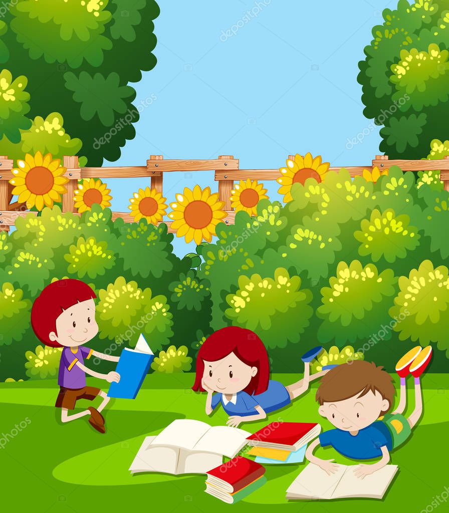 Niños Leyendo Parque Ilustración Vector de stock por ©blueringmedia ...
