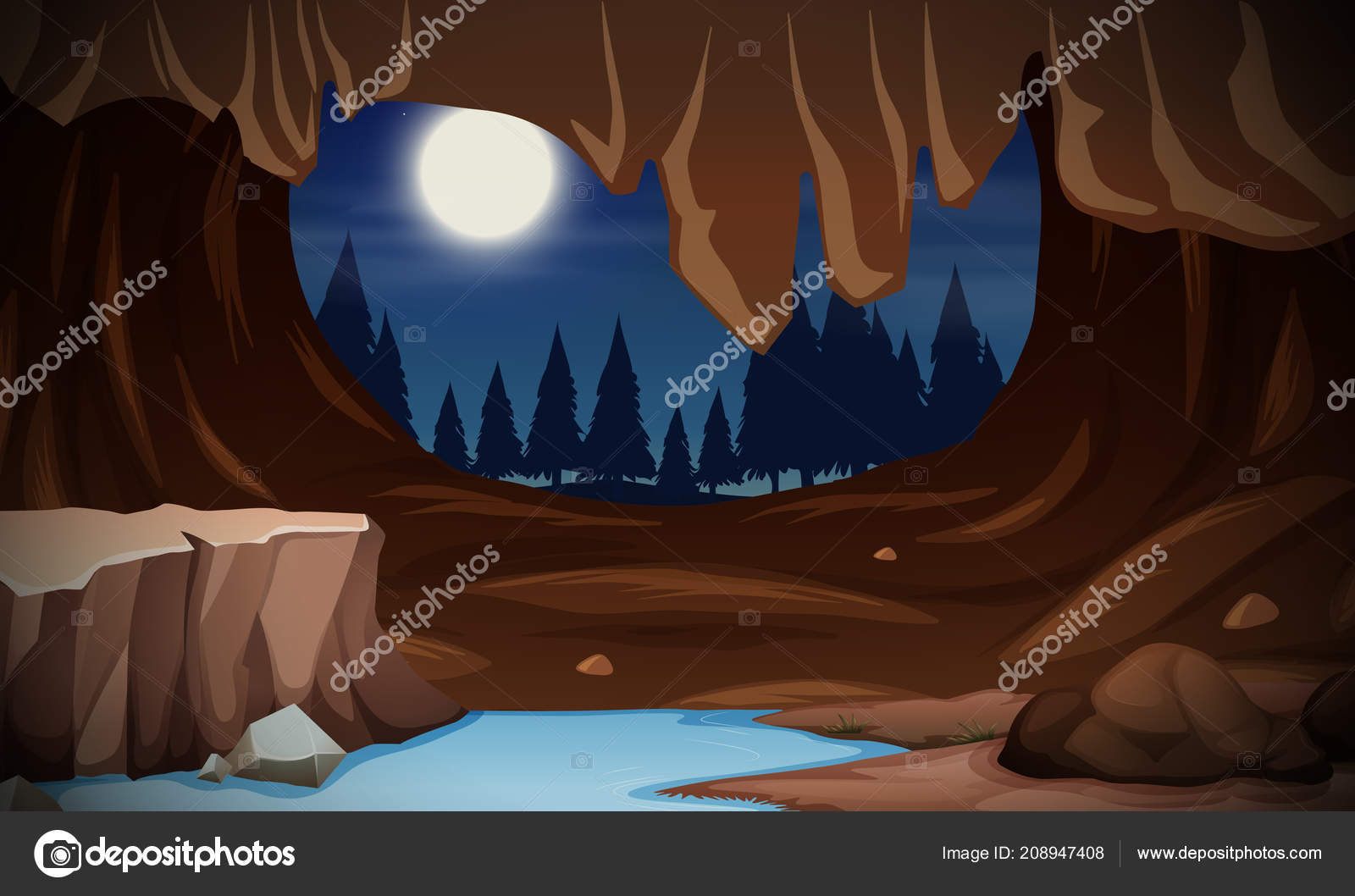 Moonlight Cave Landscape Illustration Stock Illustration by ...