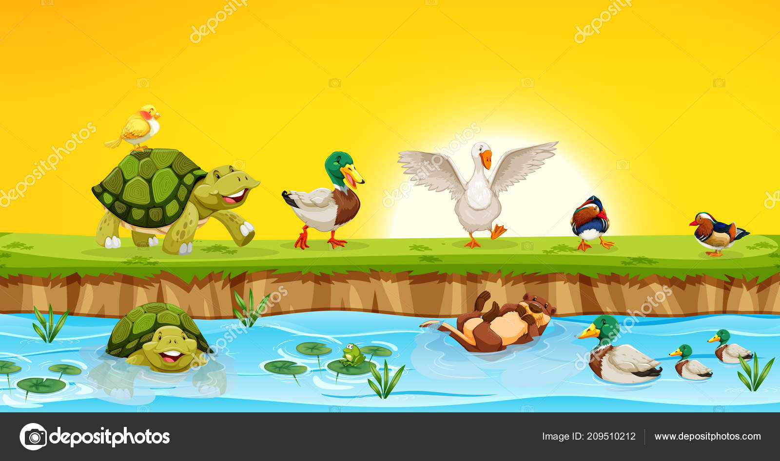 Different Animals Pond Scene Illustration Stock Vector Image by ...