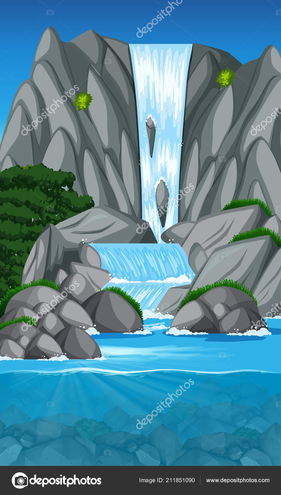 Beautiful Waterfall Landscape Scene Illustration Stock Vector by ...