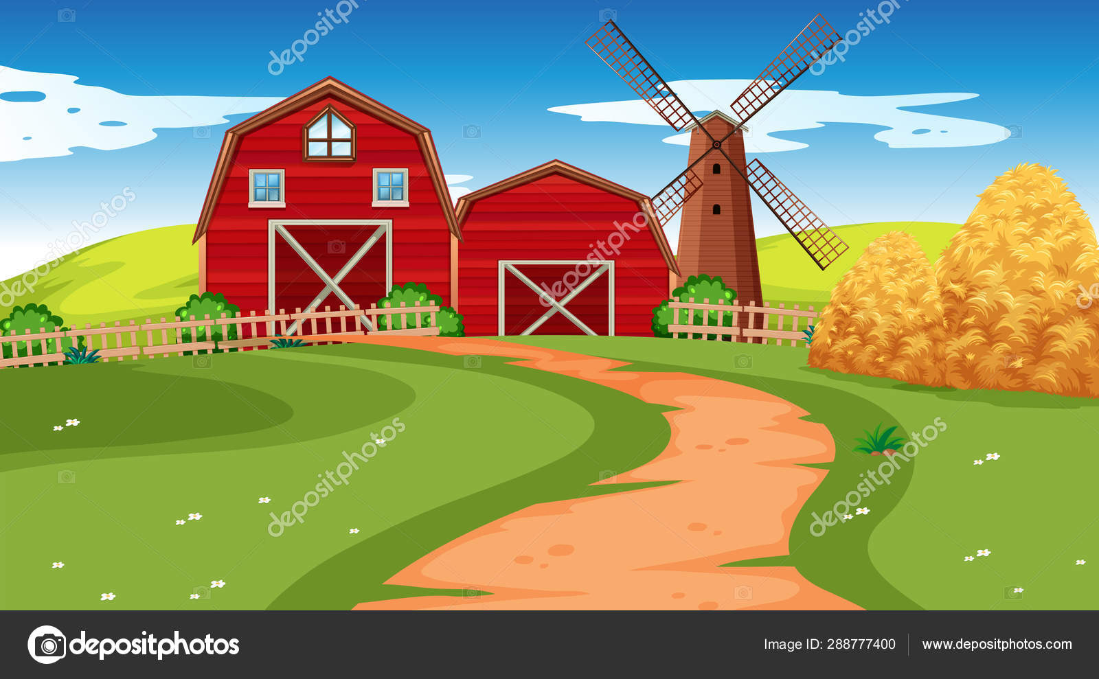 Farm scene in nature with barn Stock Vector by ©blueringmedia 288777400