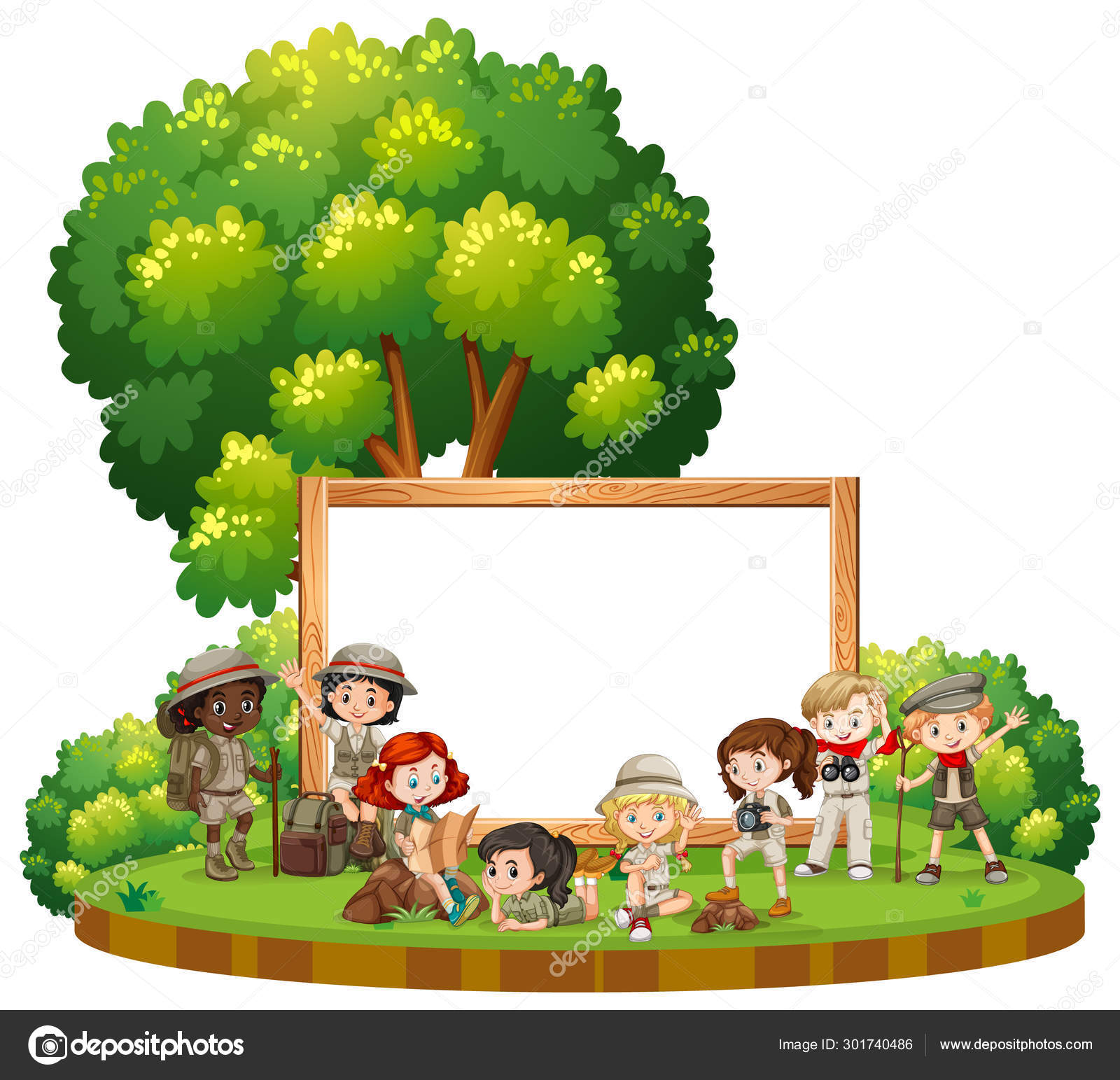 Plantilla de letrero en blanco con niños en traje al aire libre Vector ...