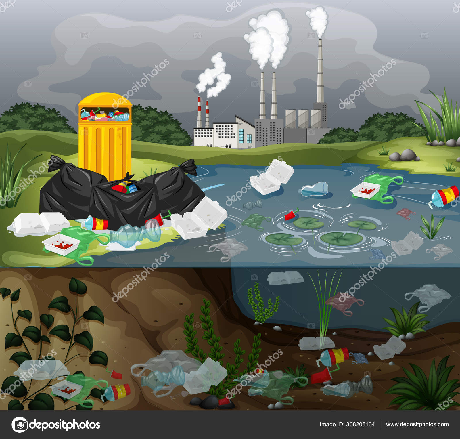 Illustration de Pollution de l'eau avec des sacs en plastique dans la ...