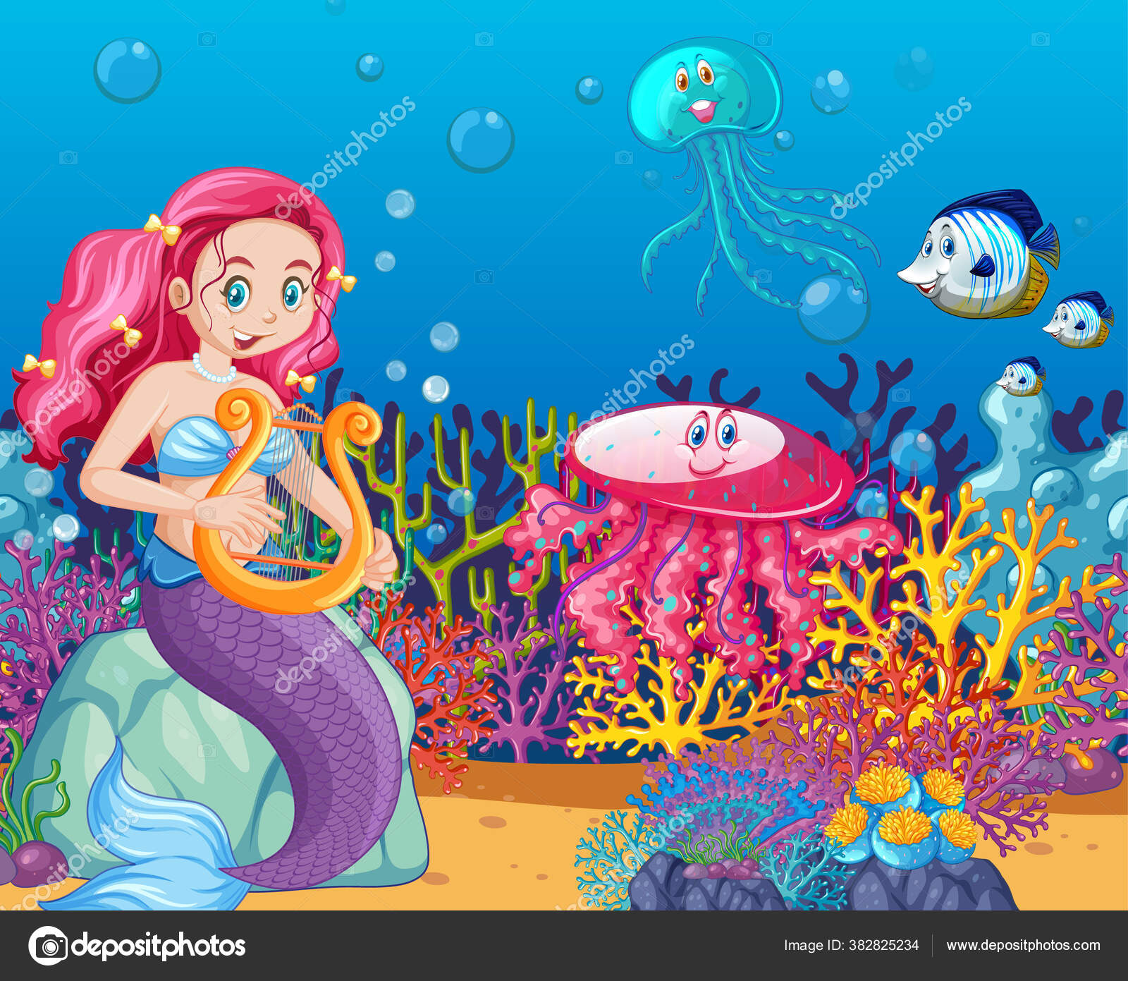 Set Sea Animals Mermaid Cartoon Style Sea Background Illustration Stock ...