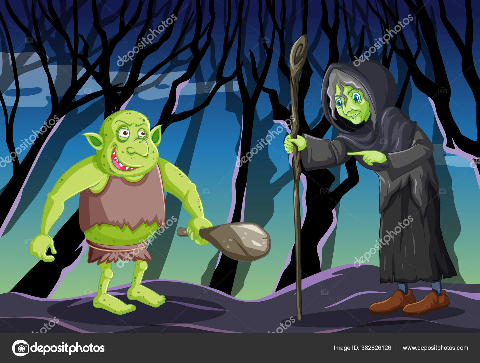 Wizard Witch Goblin Troll Dark Forest Background Illustration Stock ...