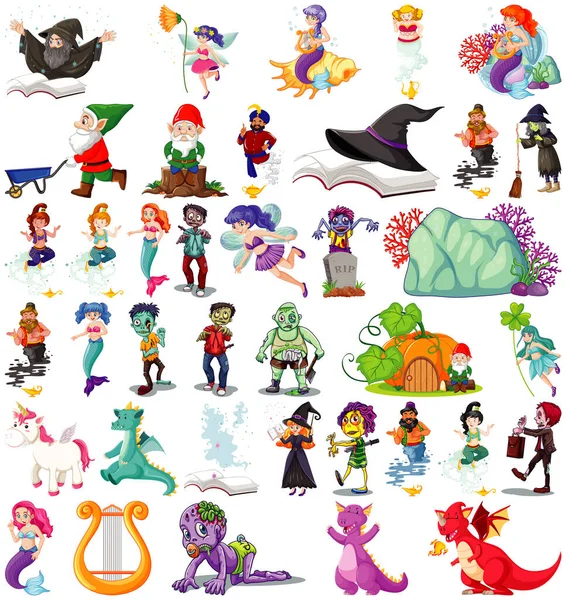 Set Fairy Tale Fantasy Cartoon Character White Background Illustration