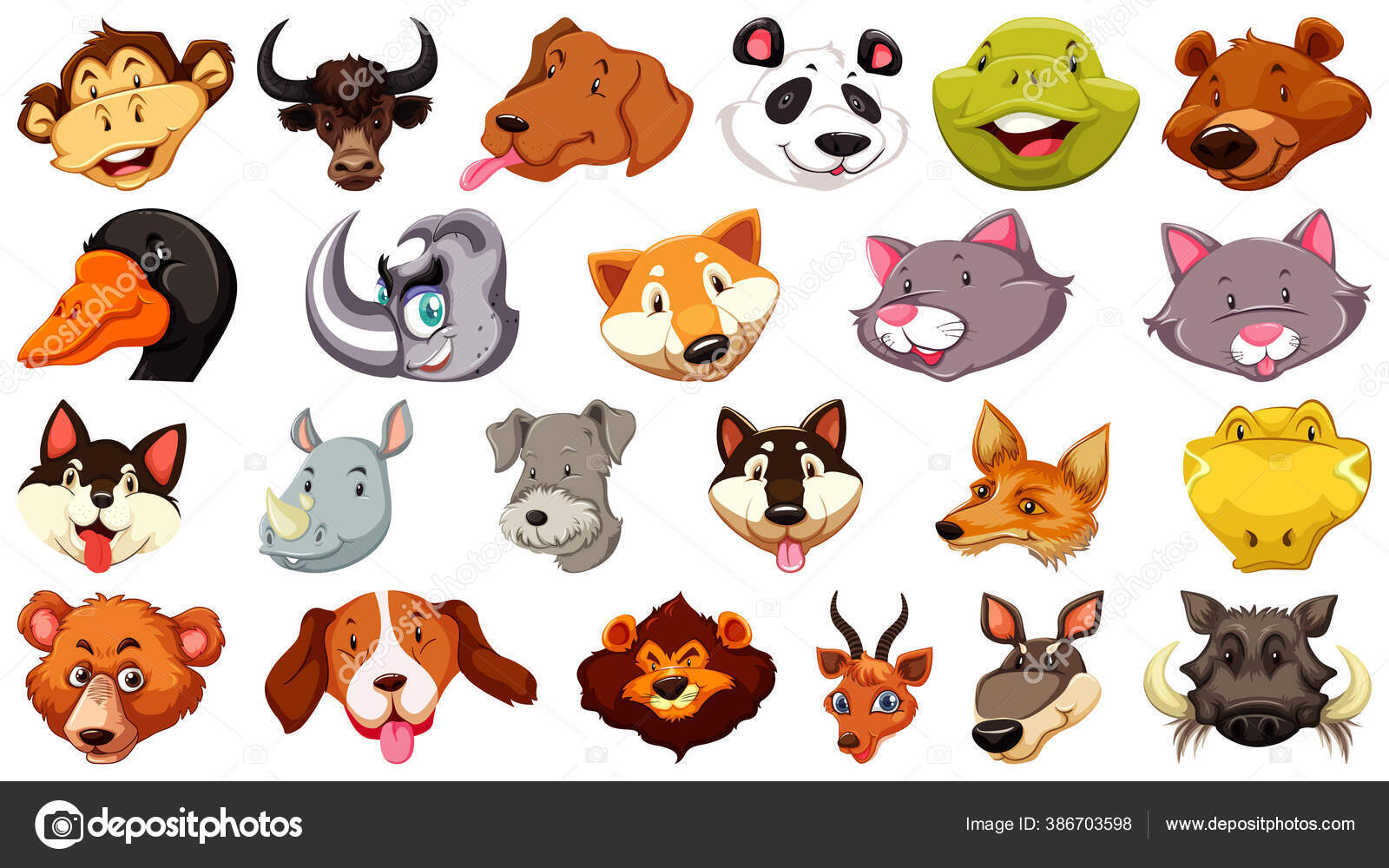 Conjunto Diferentes Animales Dibujos Animados Lindo Cabeza Enorme ...