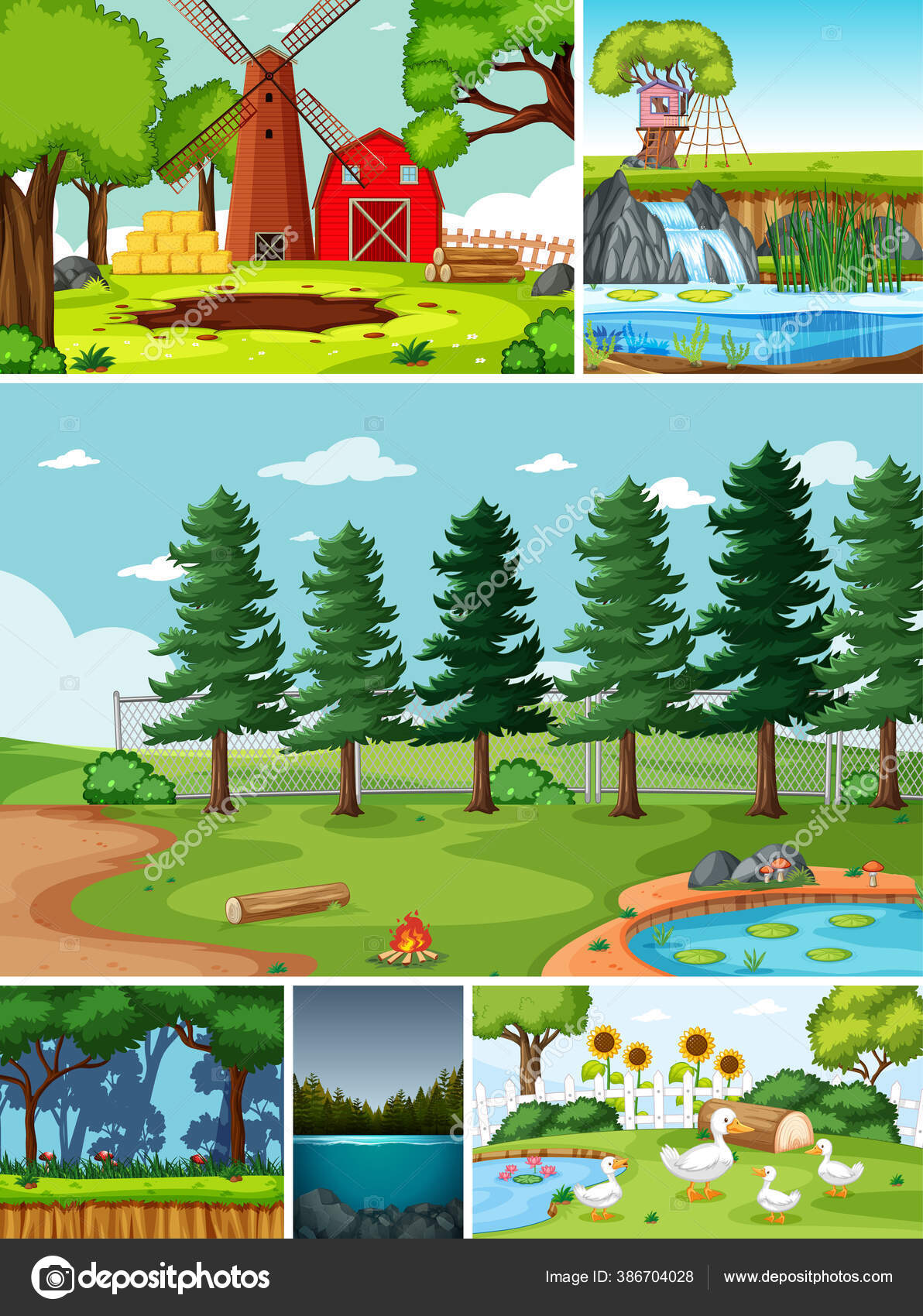 Four Different Scenes Nature Setting Cartoon Style Illustration Stock ...