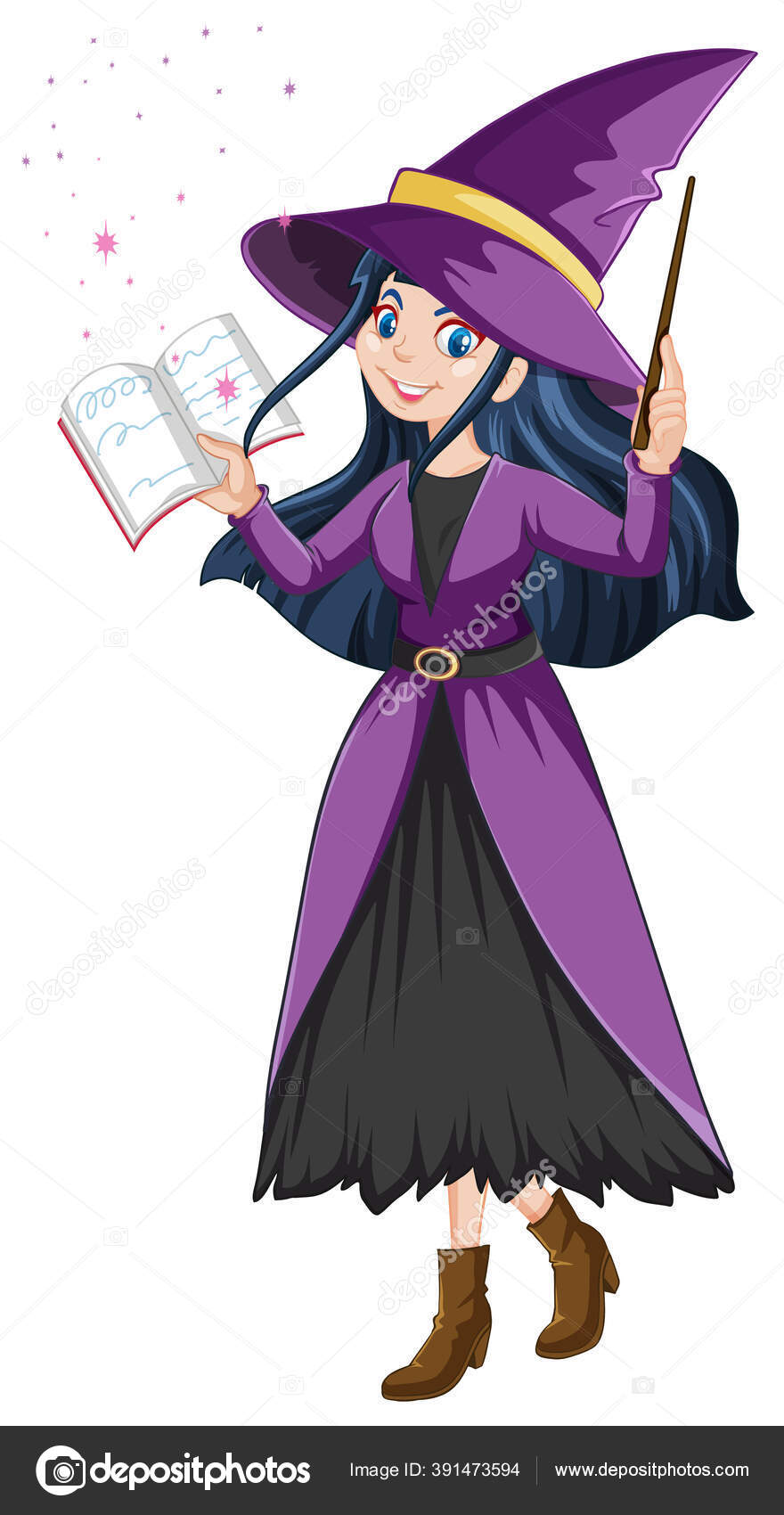 Young Beautiful Witch Magic Wand Book Cartoon Style Isolated White ...
